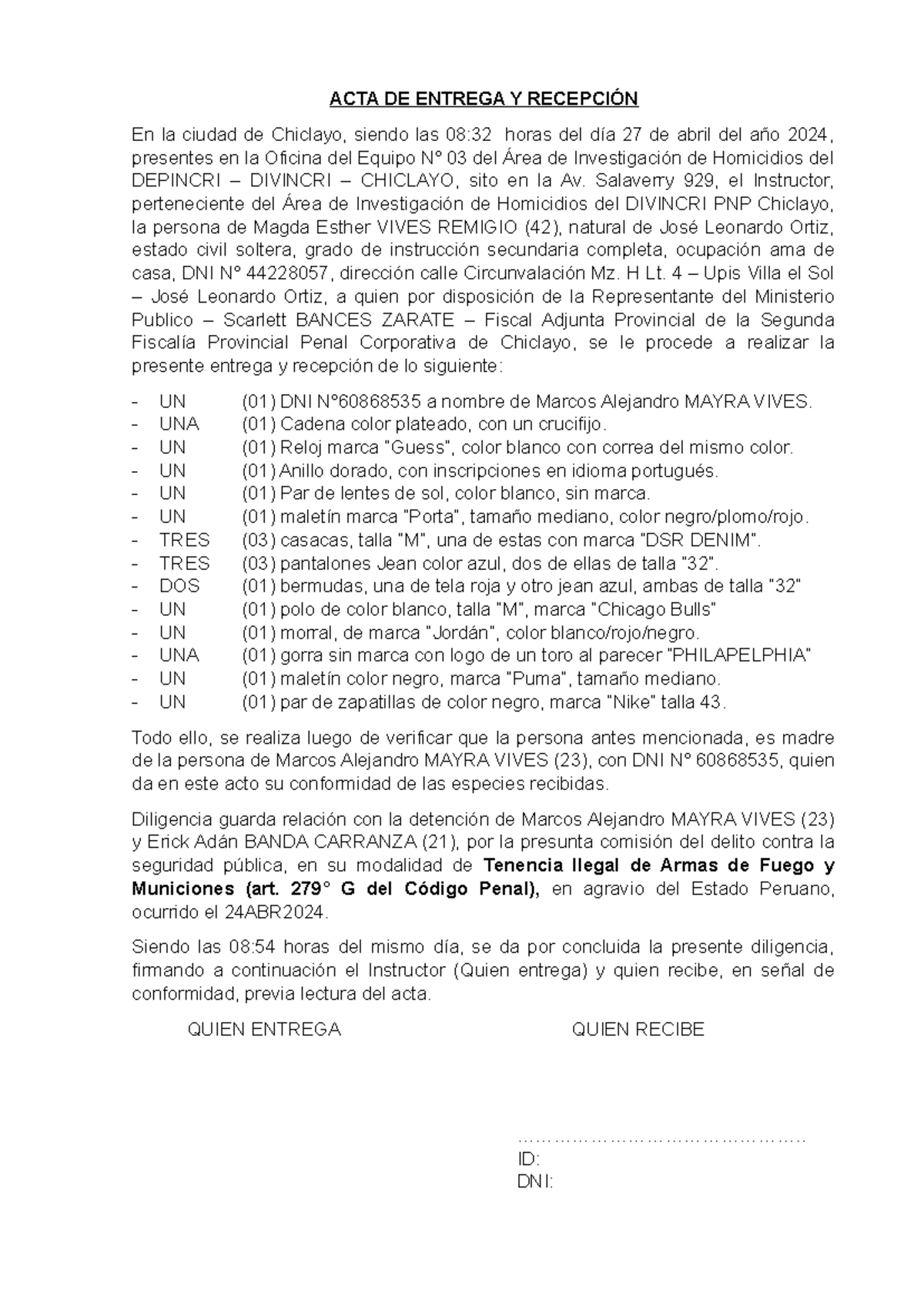 ACTA DE Entrega Y Recepción - ACTA DE ENTREGA Y RECEPCIÓN En la ciudad de Chiclayo, siendo las ...