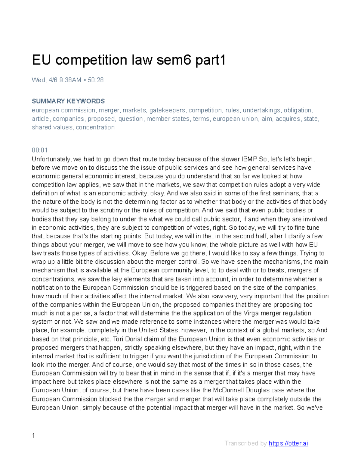 EU competition law sem6 part1 - And we also said in some of the first ...