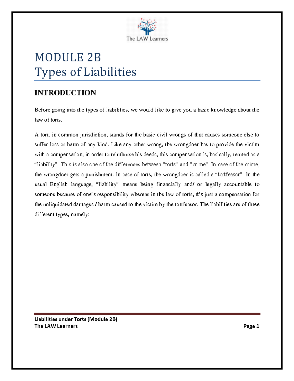 Module 2[B]- Liabilities - Liabilities under Torts (Module 2B) MODULE ...