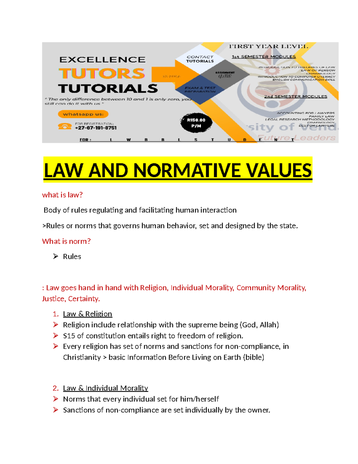 LAW & Normative Values - Summary Introduction to theories of law - LAW ...