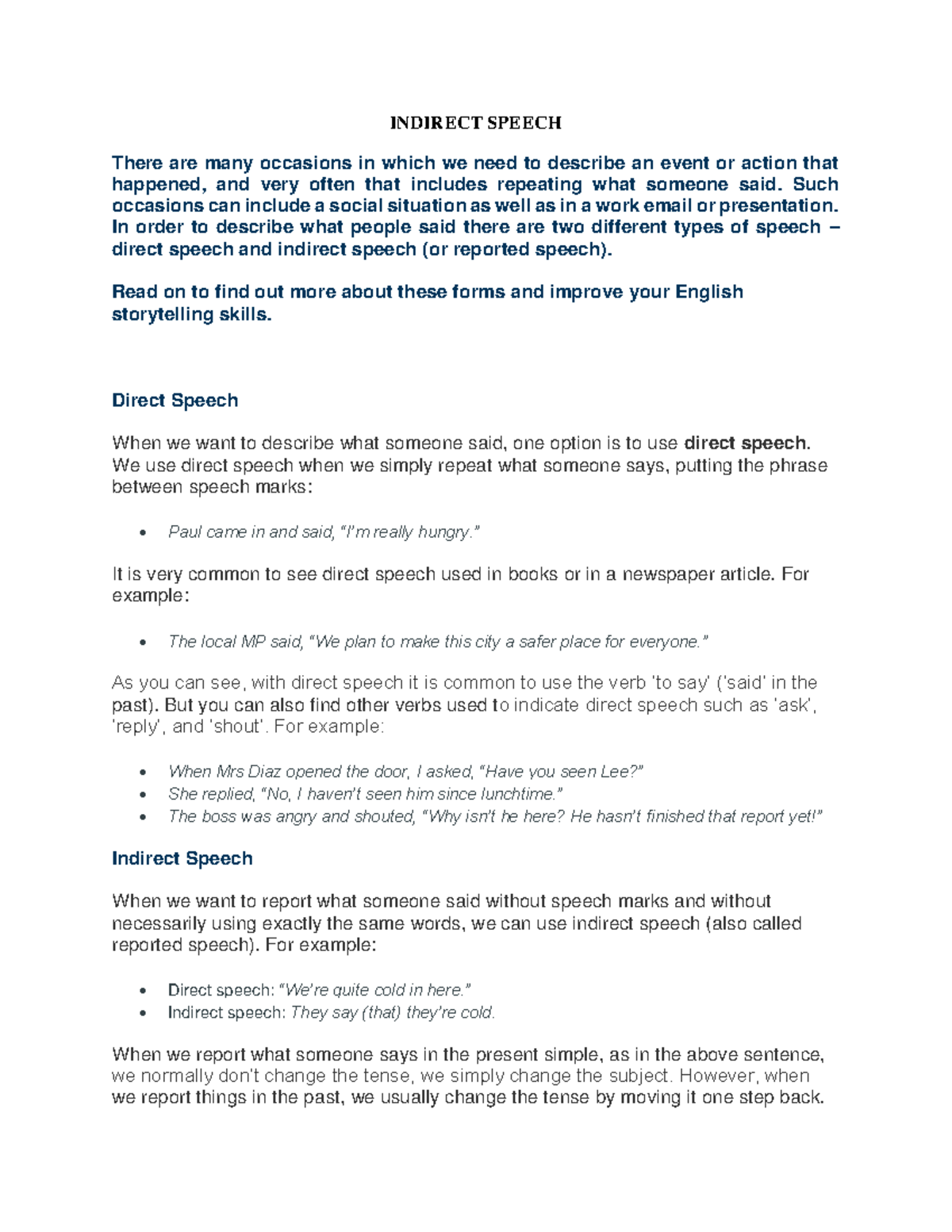 Indirect Speech - INDIRECT SPEECH There are many occasions in which we ...