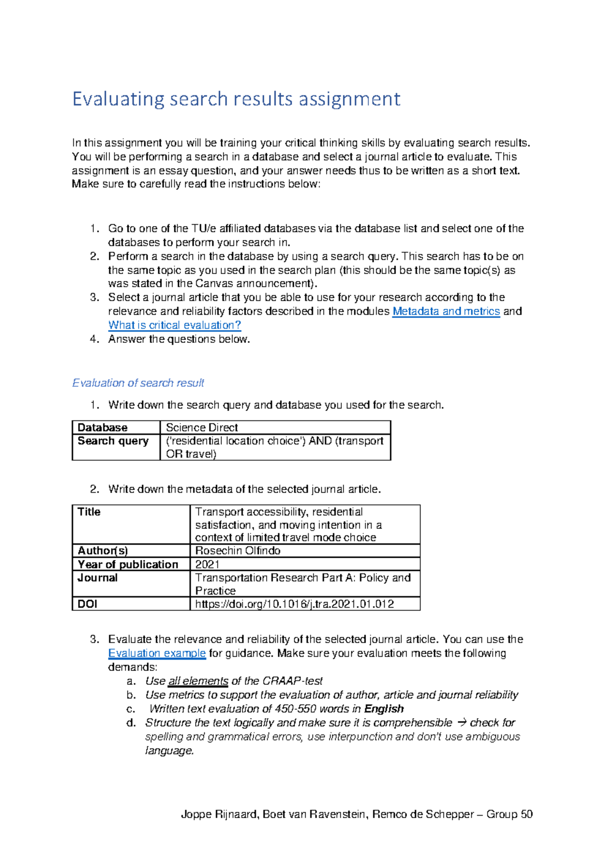 Evaluating search results assignment Group 50 - Evaluating search ...