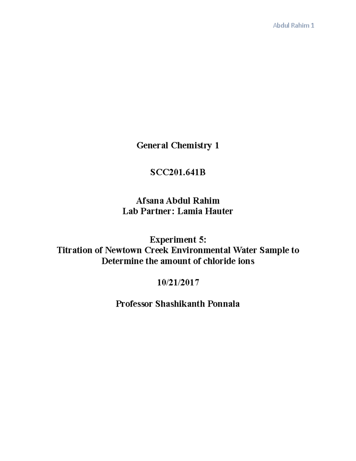 Chem lab report 5 - General Chemistry 1 SCC201 Afsana Abdul Rahim Lab ...