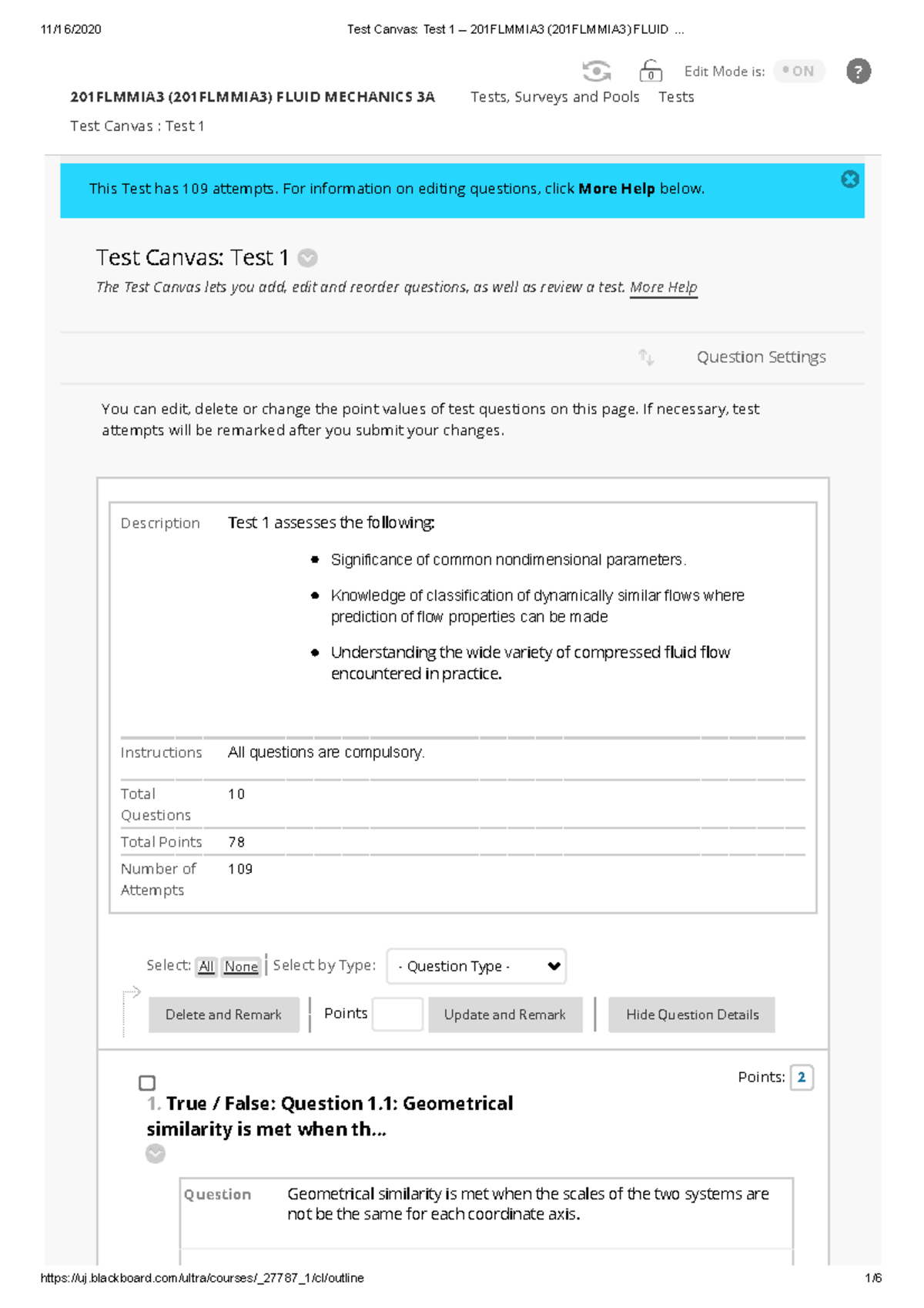 Test 1 online - Fluid mechanics lecture notes. - Edit Mode is: •ON Test ...