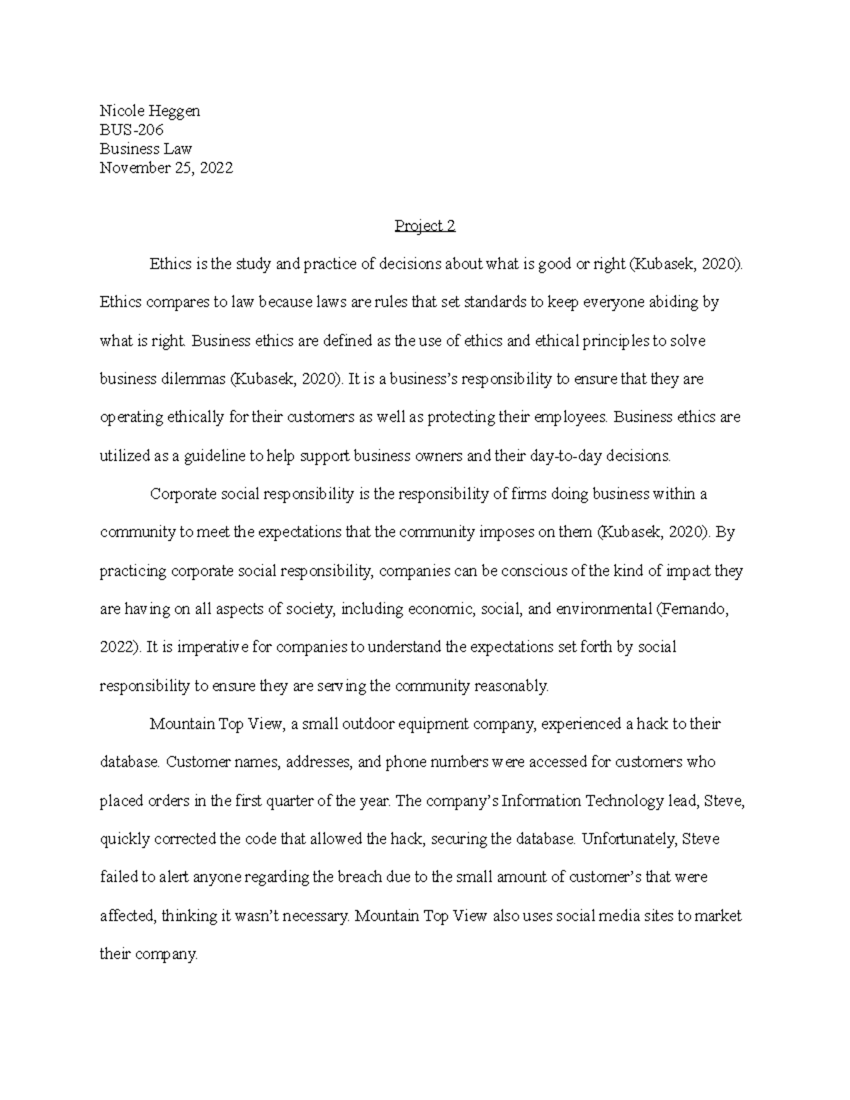 Project 2 - Report - bus-210 - Nicole Heggen BUS- Business Law November ...