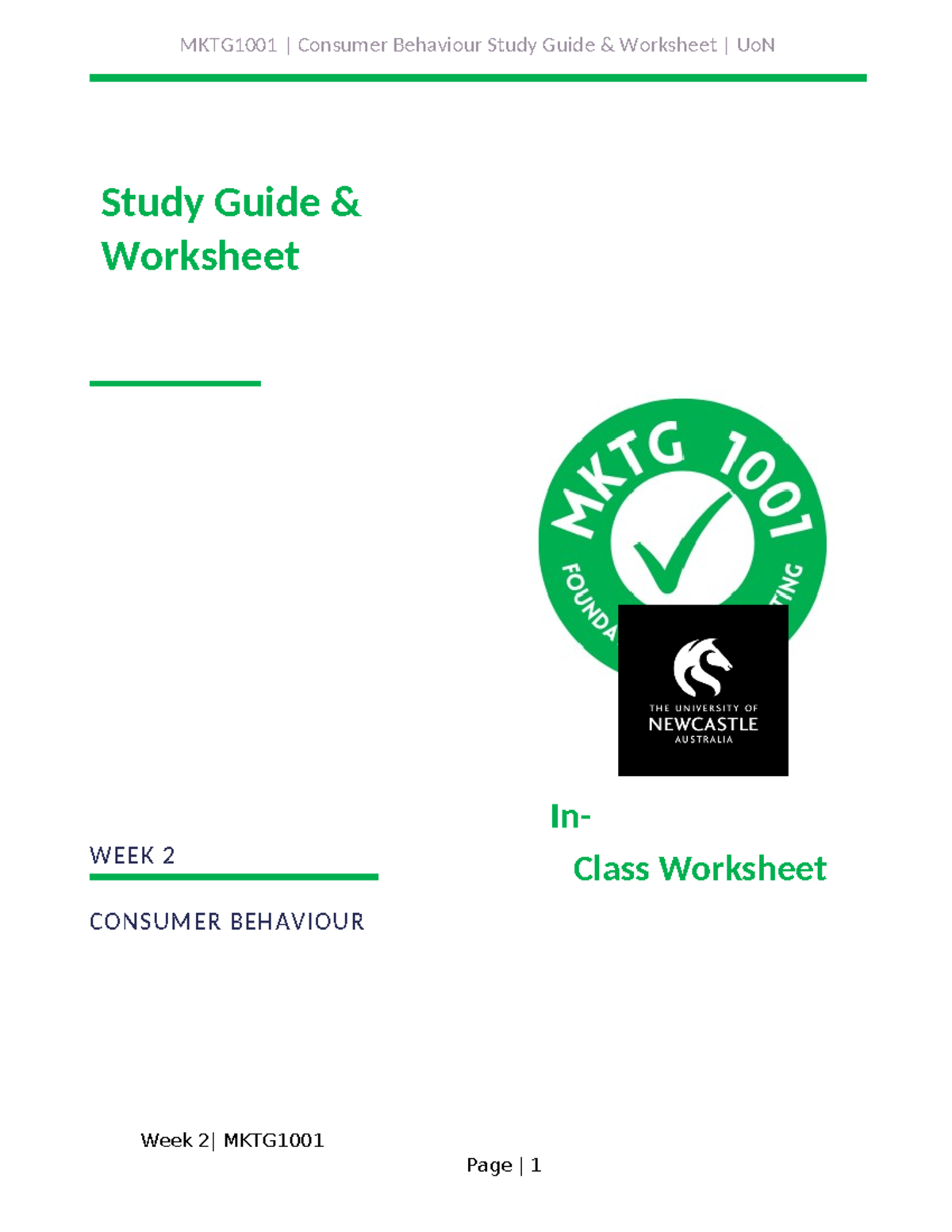 MKTG1001 Week 2 Workbook 2024-1 - In- Class Worksheet Week 2| MKTG WEEK ...