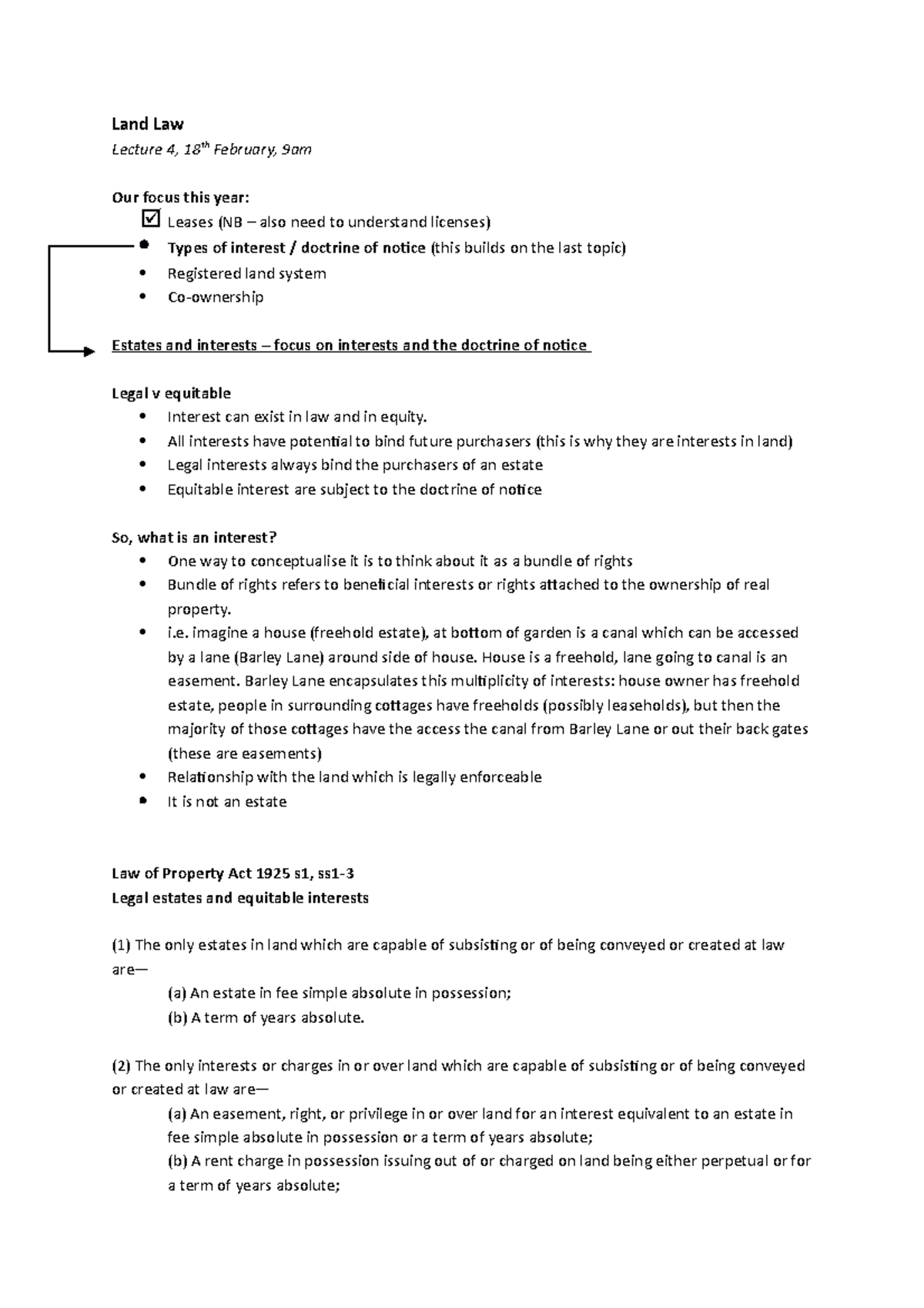 Land L4 types of interest - Land Law Lecture 4, 18th February, 9am Our ...