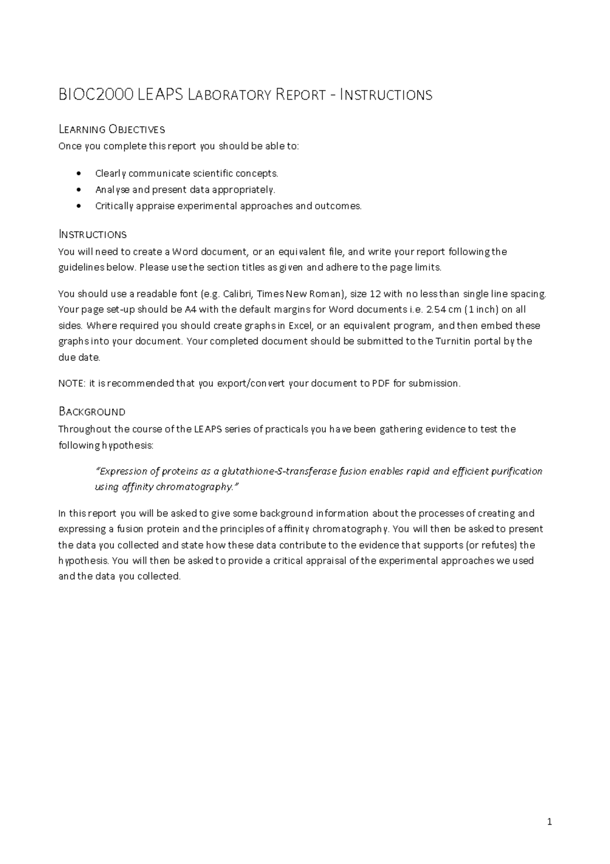 BIOC2000 Practical Report - Instructions - 1 BIOC2000 LEAPS LABORATORY REPORT - INSTRUCTIONS ...