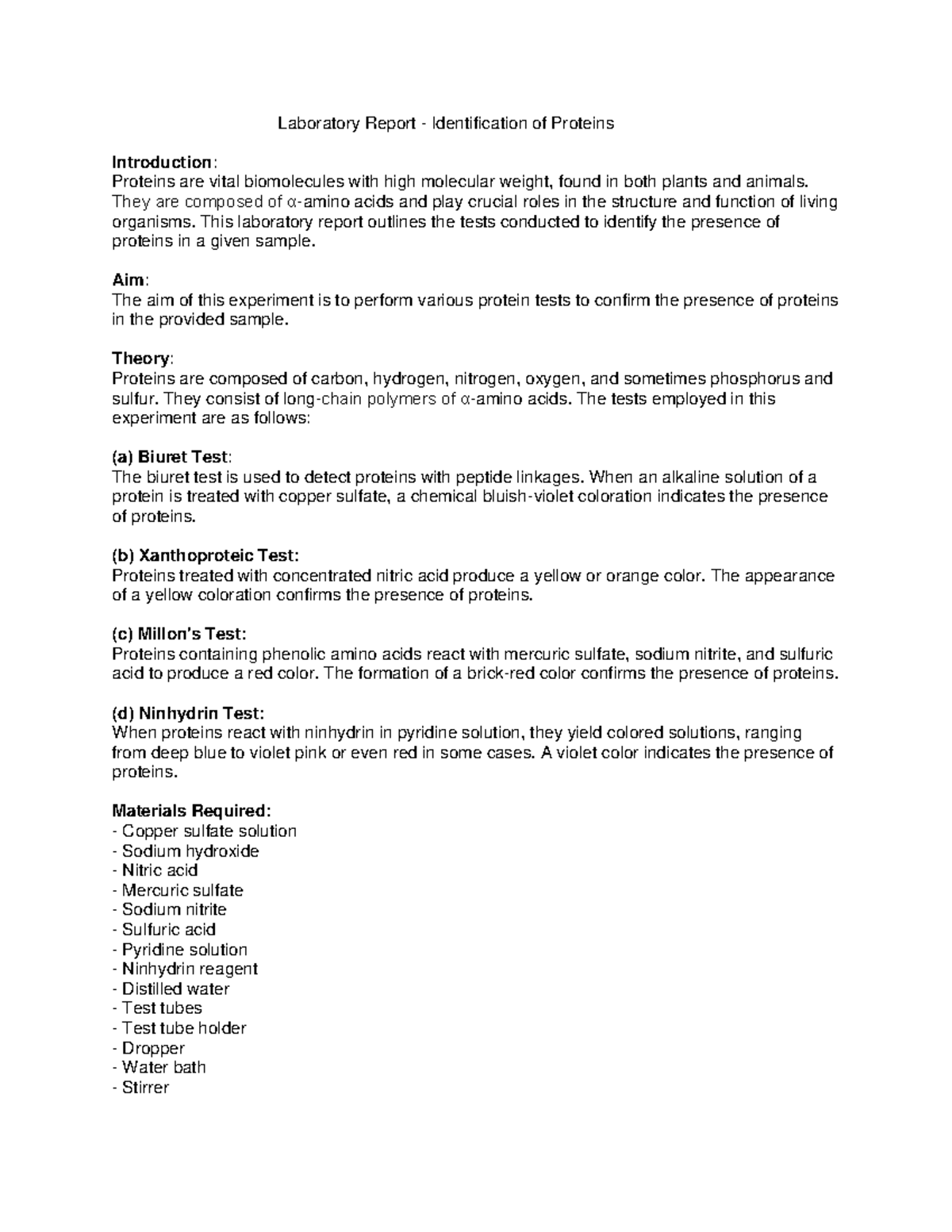 Protein Laboratory Report - Laboratory Report - Identification of ...