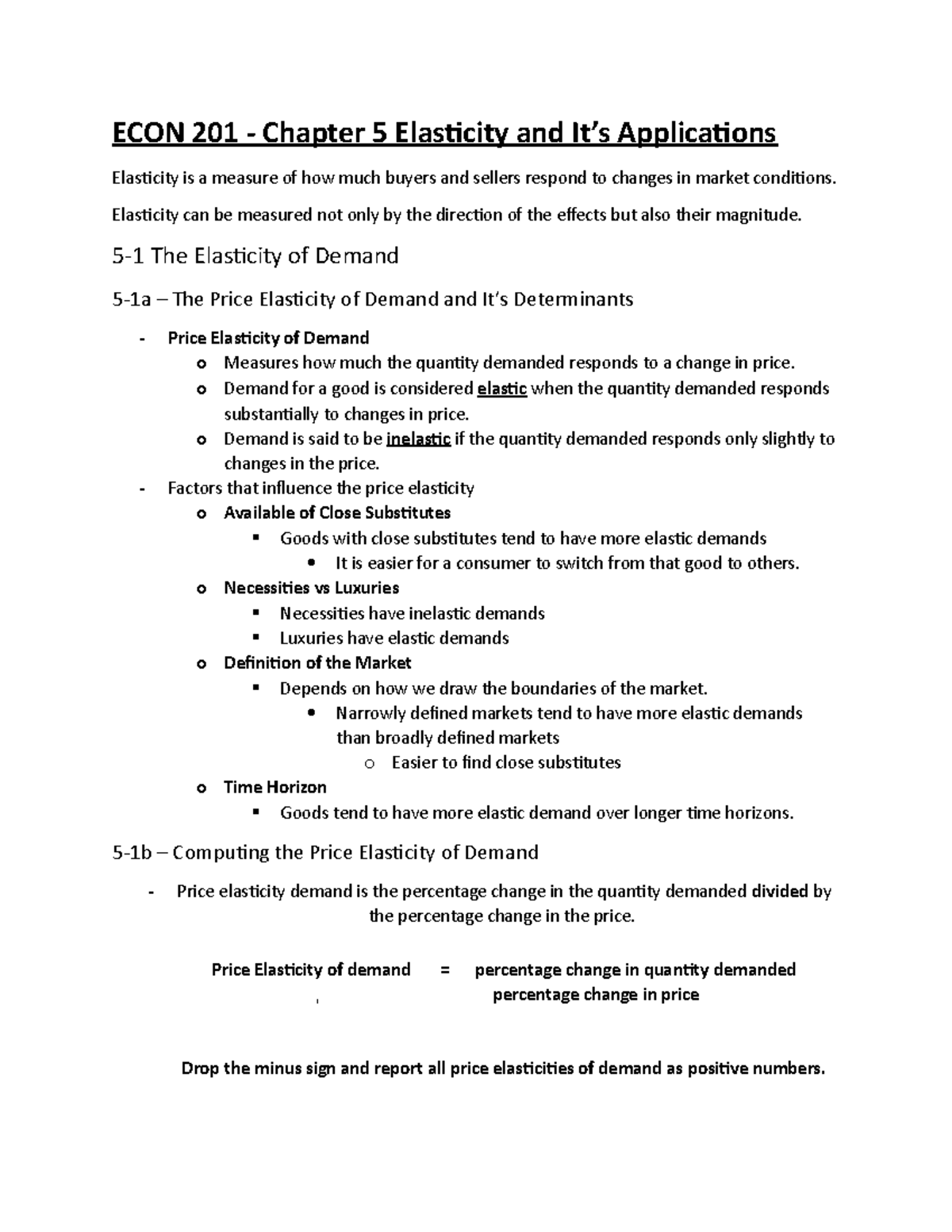 Chapter 5 - Elasticity and It's Applications - ECON 201 - Chapter 5 ...