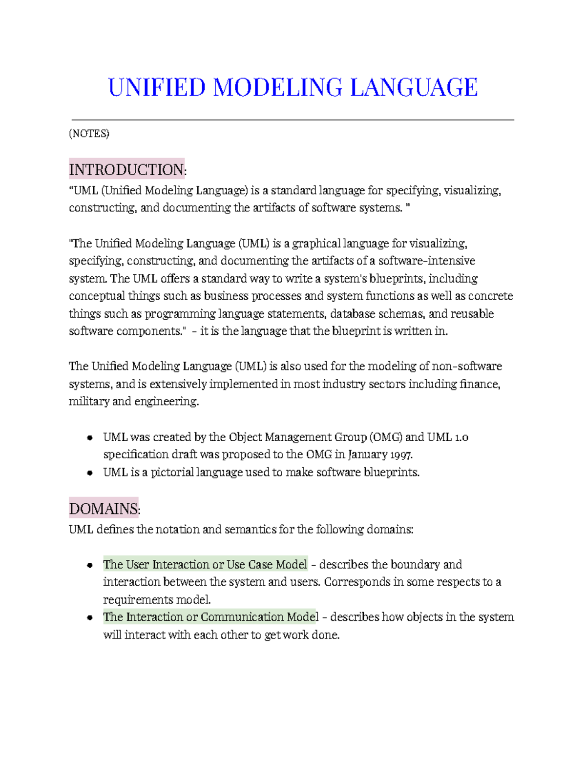 Uml Unified Modular Language Brief Summary Notes Unified Modeling Language Notes