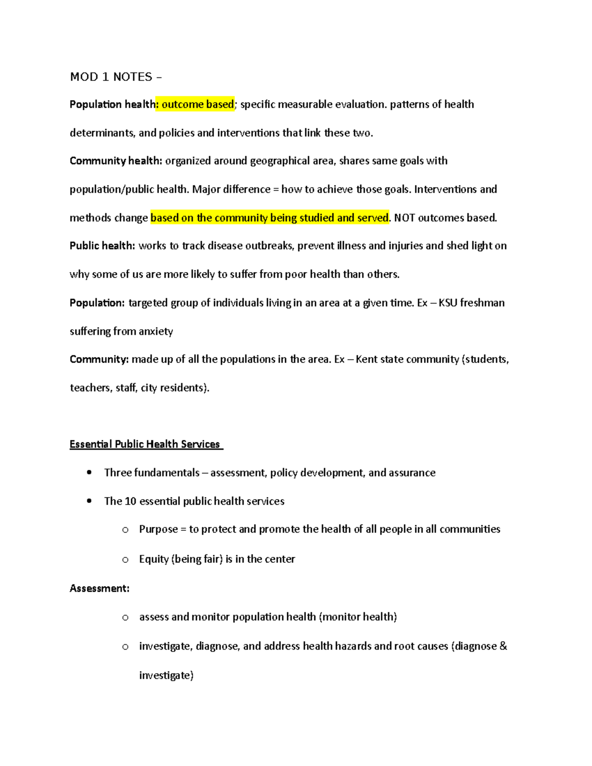 MOD 1 Notes - MOD 1 NOTES – Population health: outcome based; specific ...