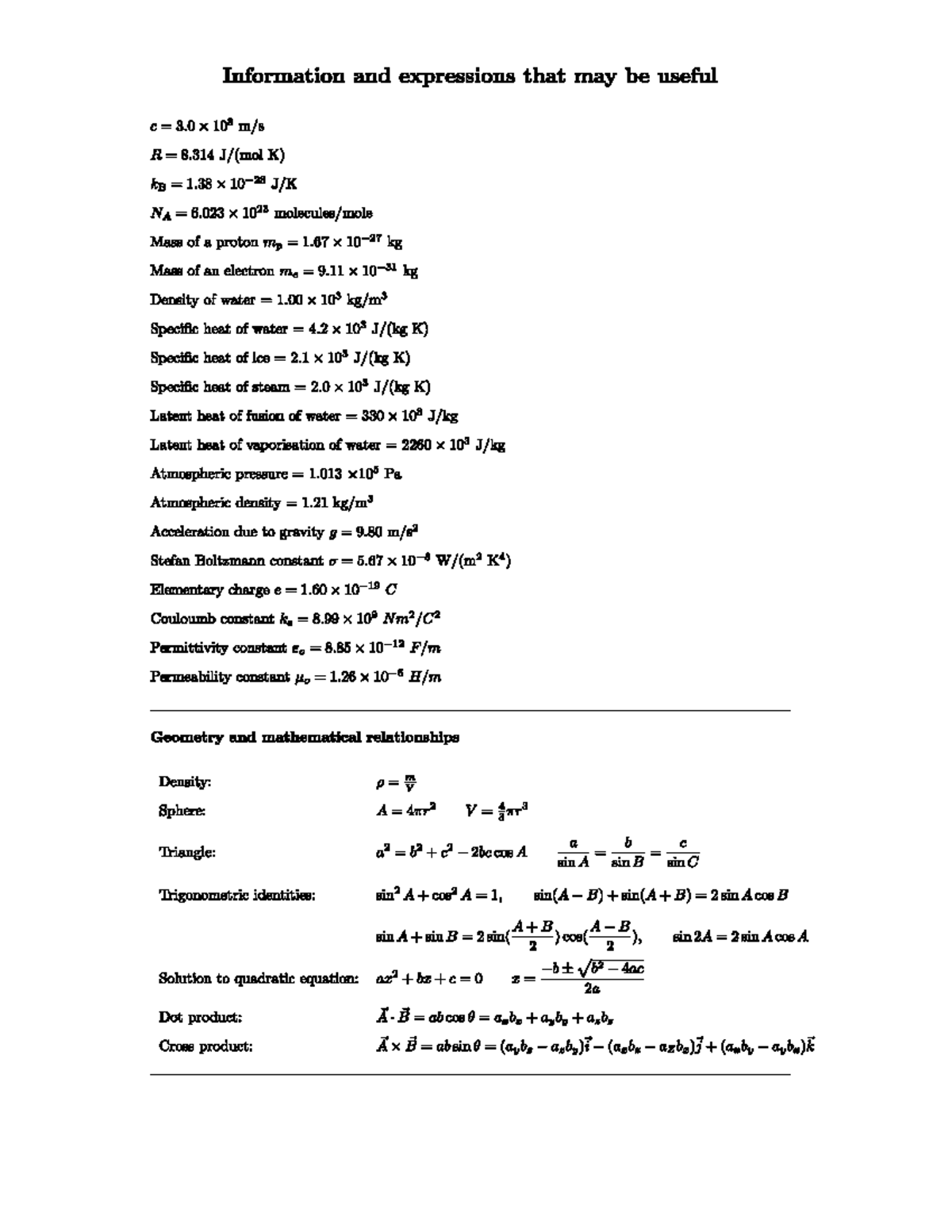 Phys101 Formula Sheet - Engineering Physics A: Mechanics, Waves, Electromagnetism and Thermal ...