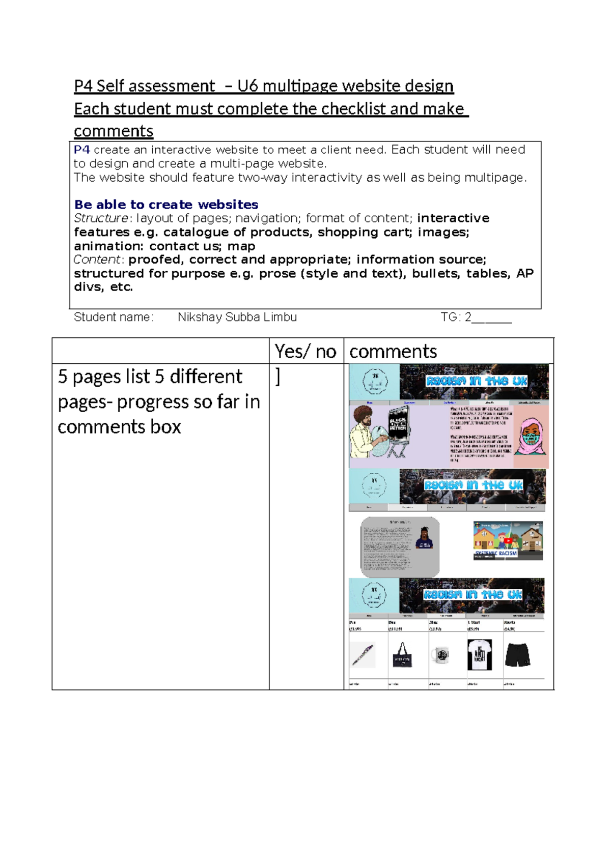 U6 P4 Checklist - N/A - P4 Self assessment – U6 multipage website ...