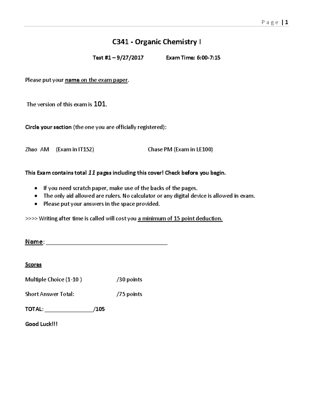 C341 Exam 1 Fall 2017 v101 - C341 - Organic Chemistry I Test #1 – 9/27 ...