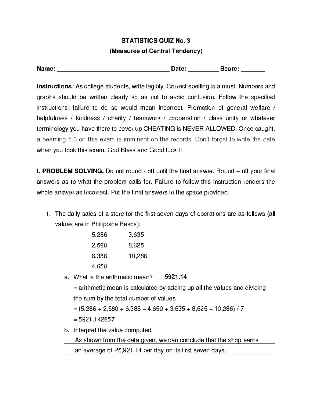 Stat Assignment-Quiz 03 - STATISTICS QUIZ No. 3 (Measures of Central ...