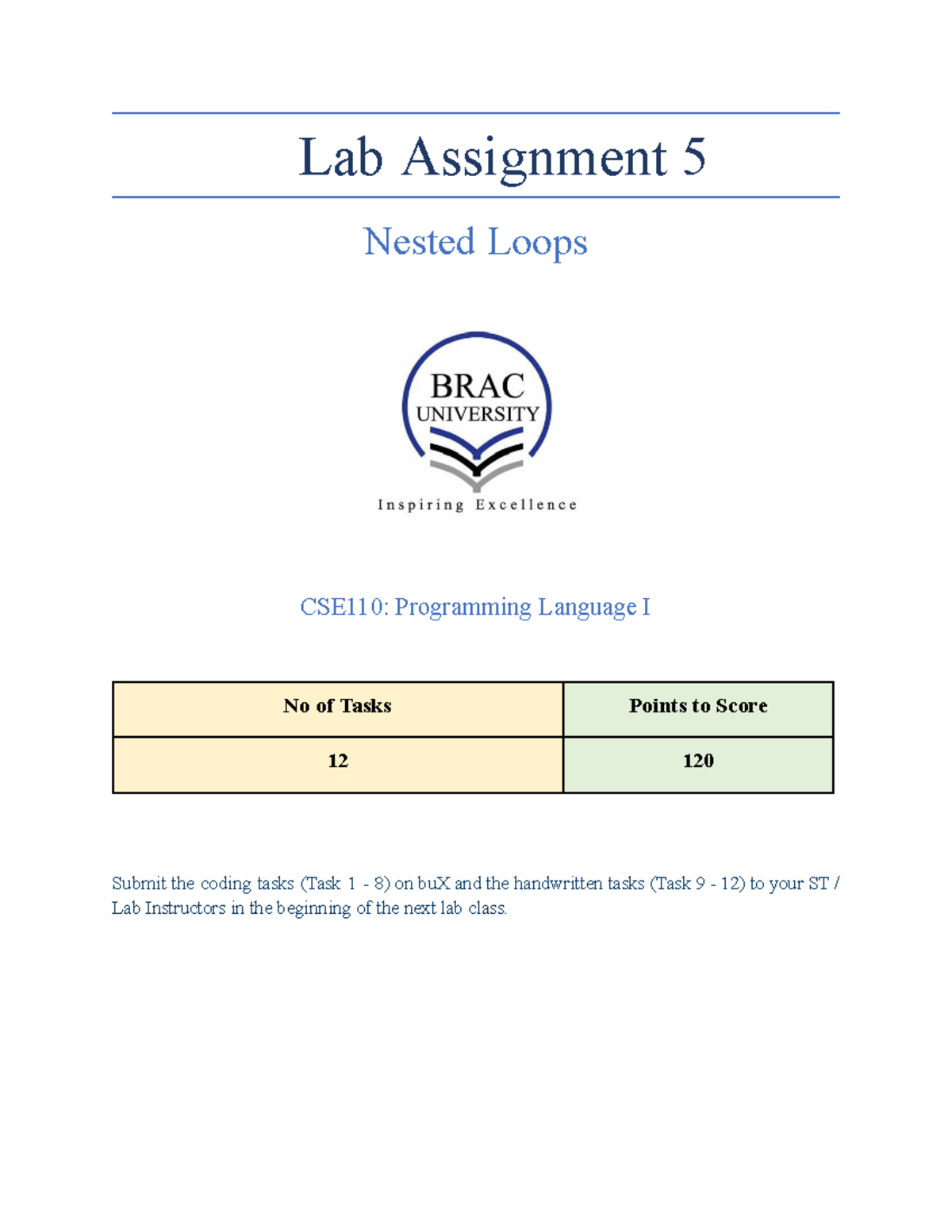 Assignment 5- Nested Loops - Lab Assignment 5 Nested Loops CSE110: Programming Language I No of ...