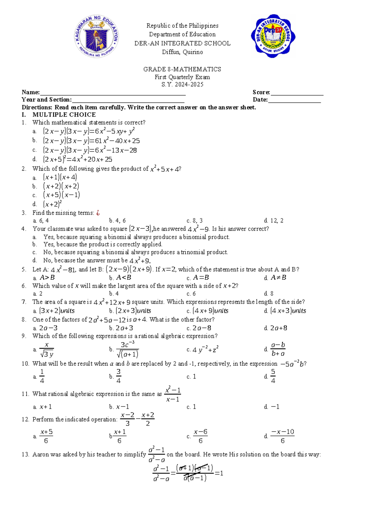 8 Examination - Exam - Republic of the Philippines Department of ...
