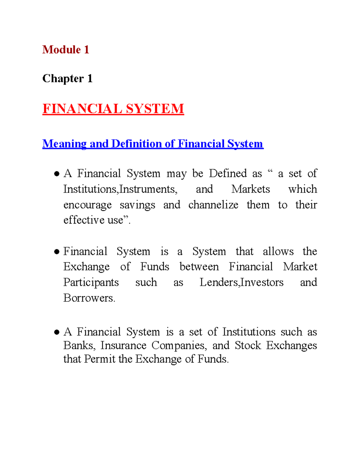 FMI Chapter 1 - acadamic - Module 1 Chapter 1 FINANCIAL SYSTEM Meaning ...