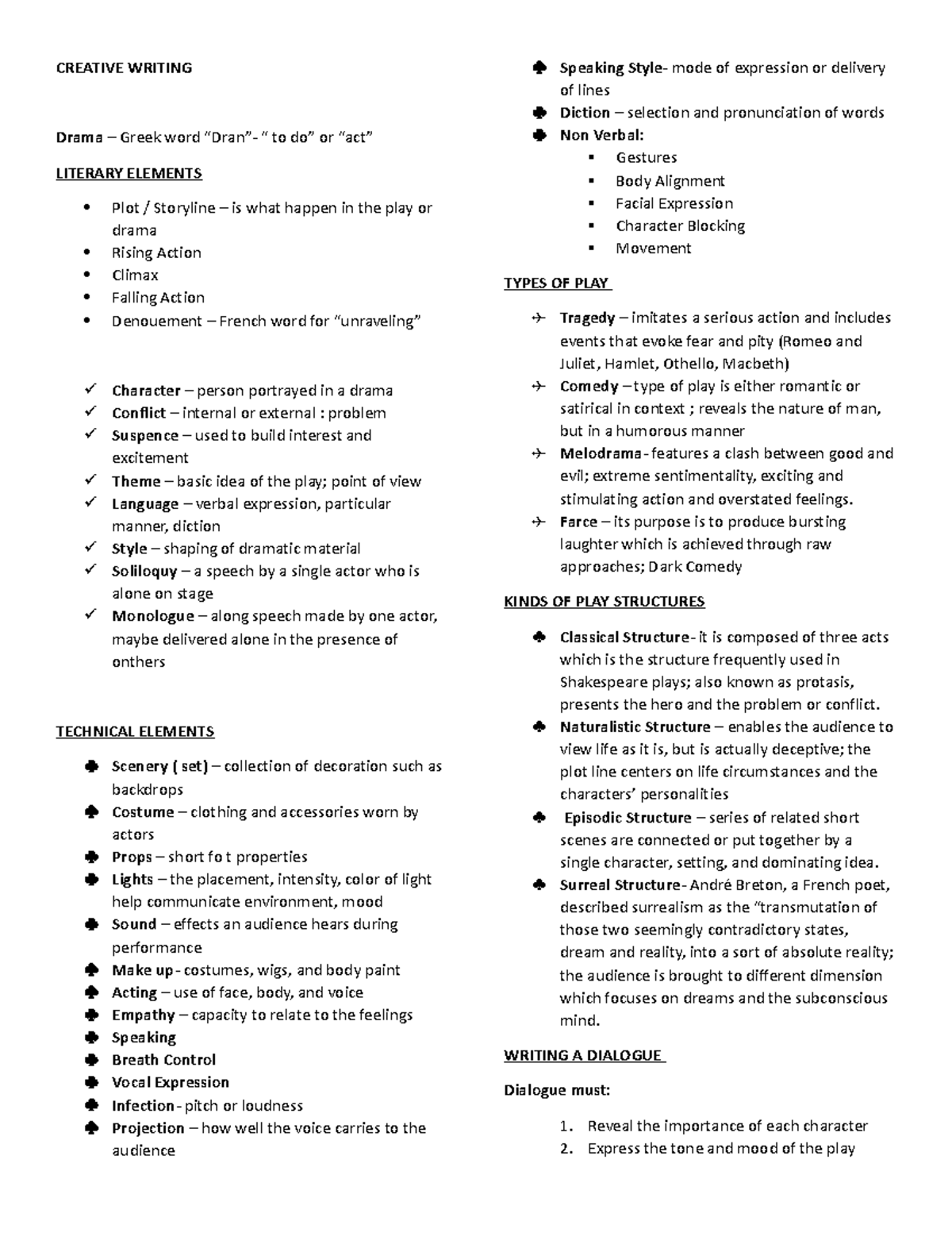 Creative Writing Notes - CREATIVE WRITING Drama – Greek word “Dran ...