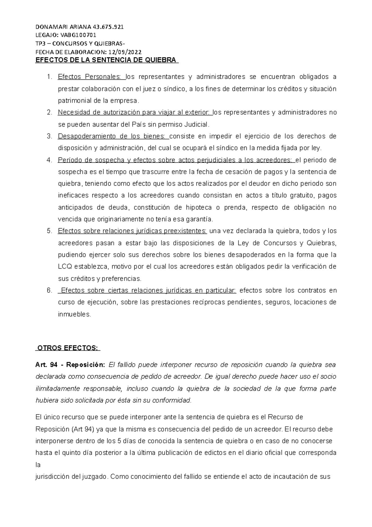 TP 3 CYQ - tp 3- concursos y quiebras- DONAMARI ARIANA 43. LEGAJO: VABG TP3 – CONCURSOS Y ...