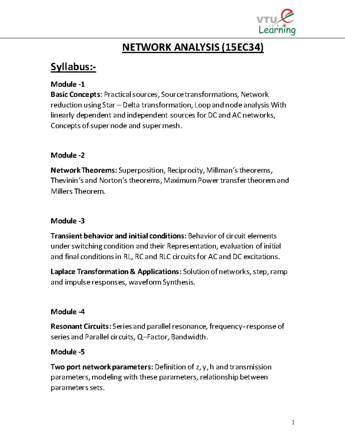 Circuits And Control 1st Module Notes Network Analysis 15ec34 Syllabus Module Basic
