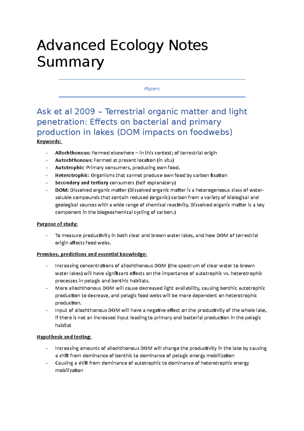 Advanced Ecology Study Notes - Final - Advanced Ecology Notes Summary ...