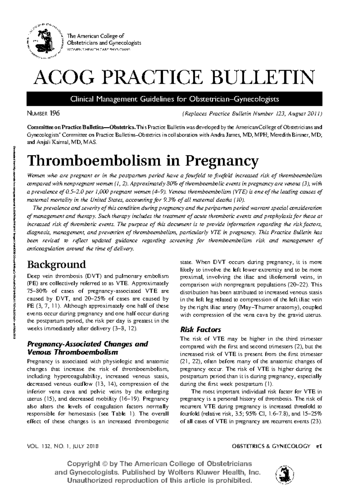 Thromboembolism in Pregnancy acog-practice-bulletin-no-196-2018 ...