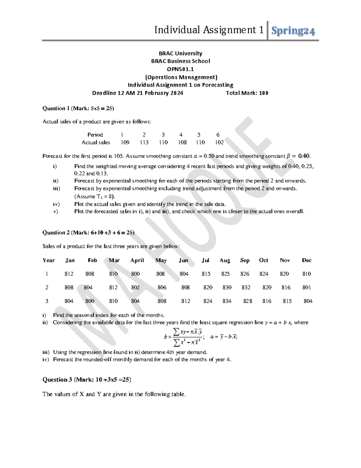 OPN501 - Individual Assignment 1 Spring 24 BRAC University BRAC ...