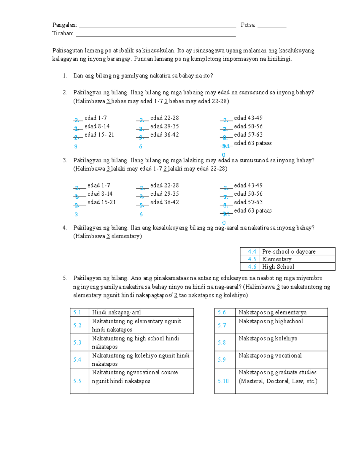 Community Needs Assessment Form CWTS 2 - Pangalan