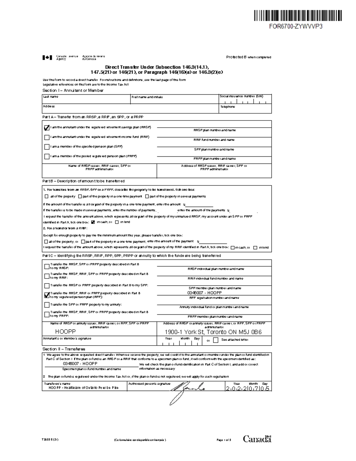 T2033 Direct transfer - Protected B when completed Direct Transfer ...