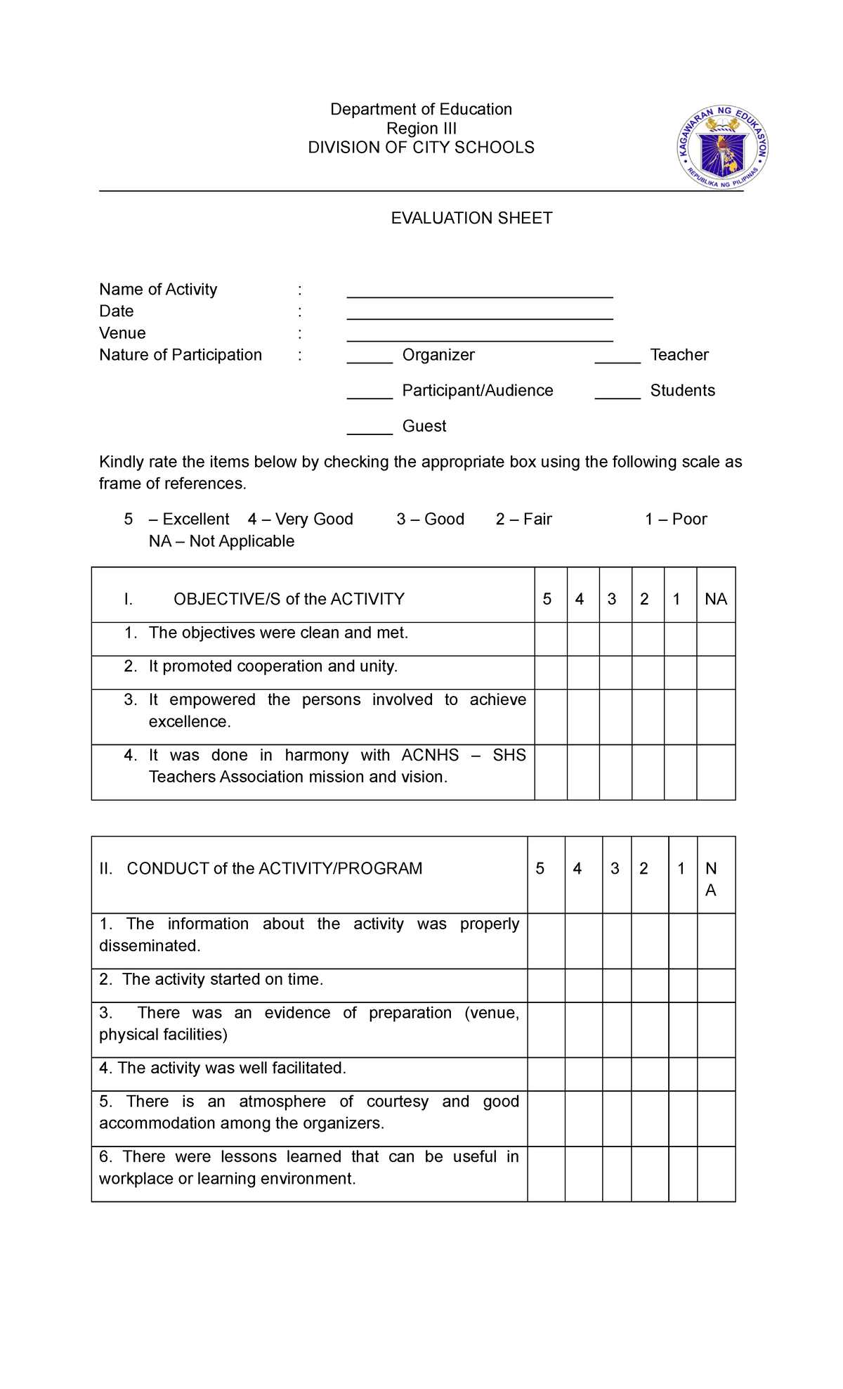 Evaluation Sheet - Department of Education Region III DIVISION OF CITY ...