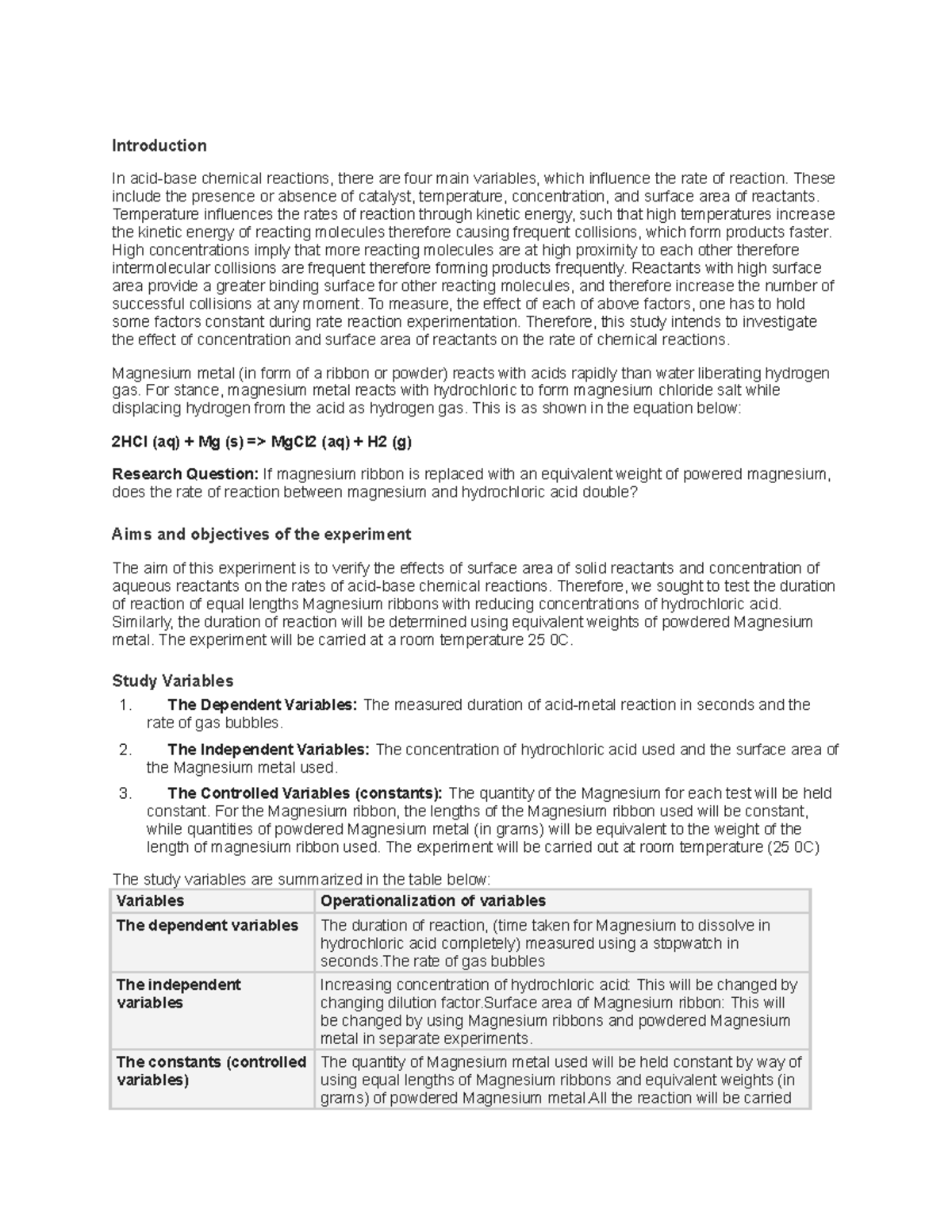 Magnesium reaction with HCL - Introduction In acid-base chemical ...