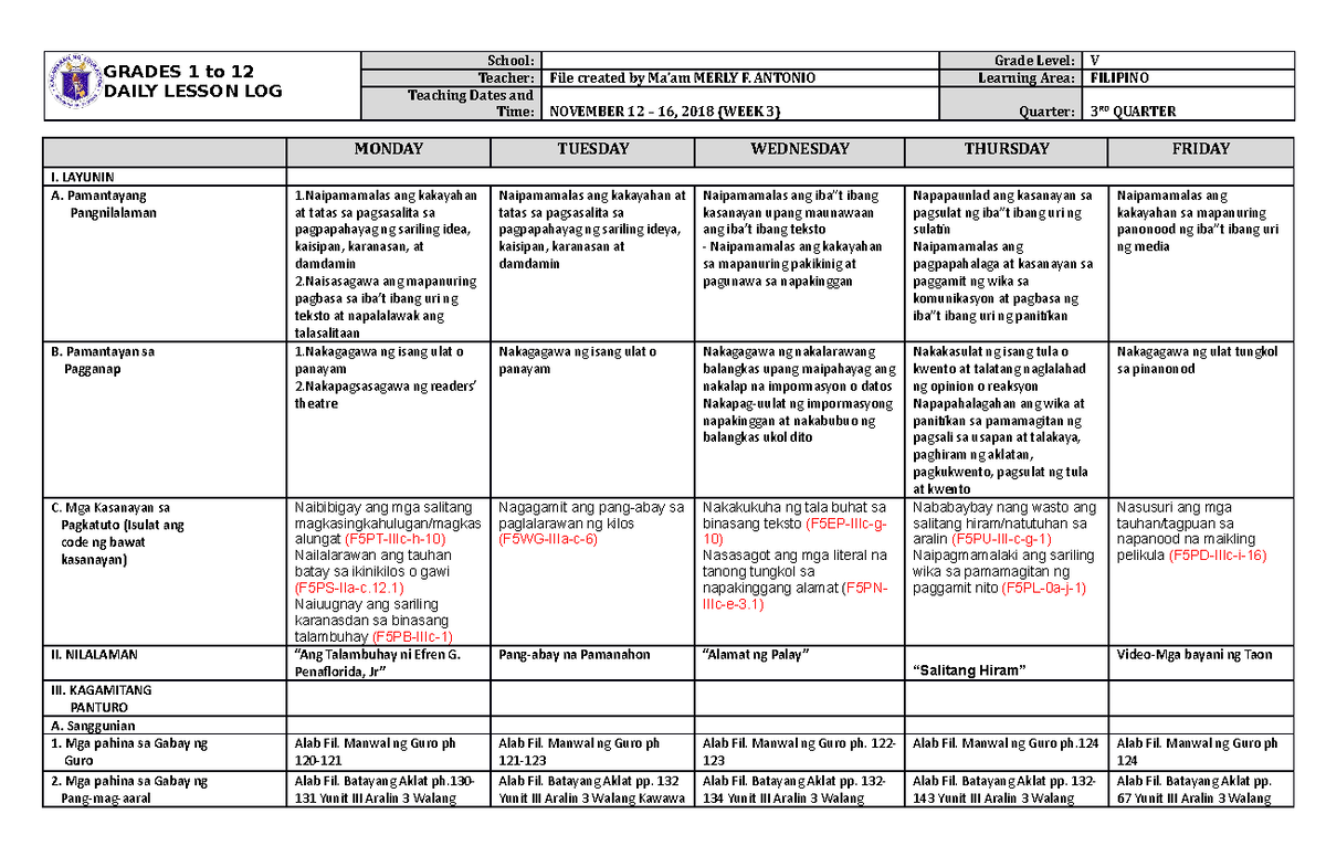 DLL Quarter 3 Week 3 Filipino 5 - GRADES 1 to 12 DAILY LESSON LOG School: Grade Level: V Teacher ...
