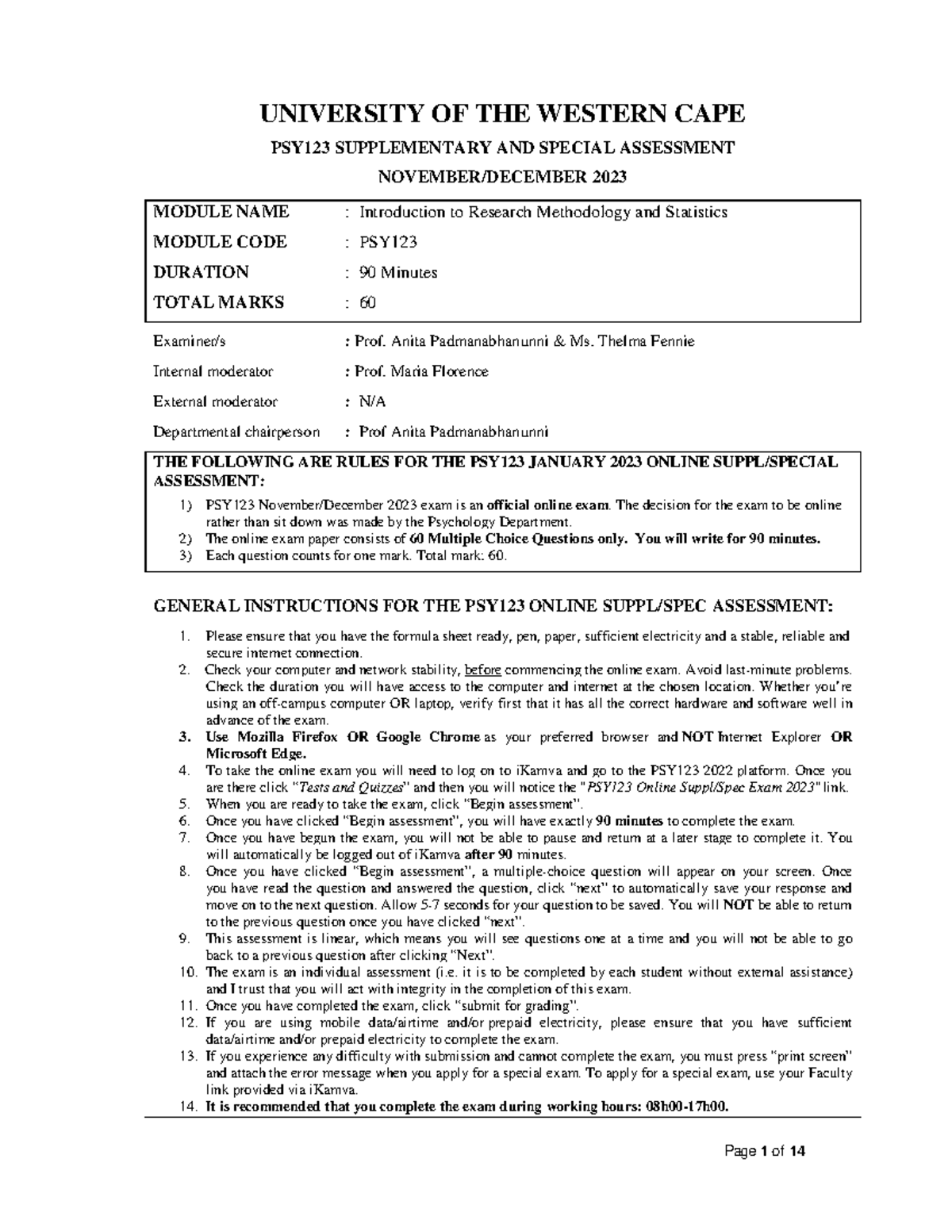 PSY123 past paper 2022 - UNIVERSITY OF THE WESTERN CAPE PSY123 ...