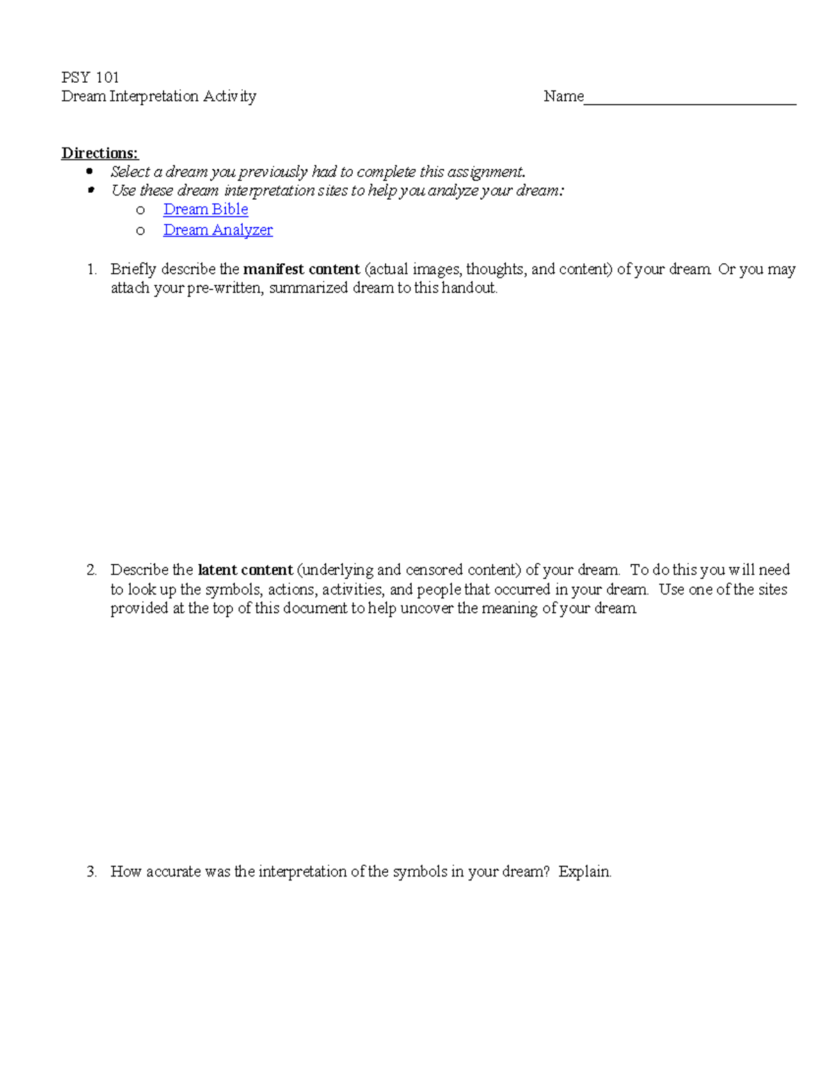 PSY101 Dream Interpretation Activity Master Course - PSY 101 Dream ...