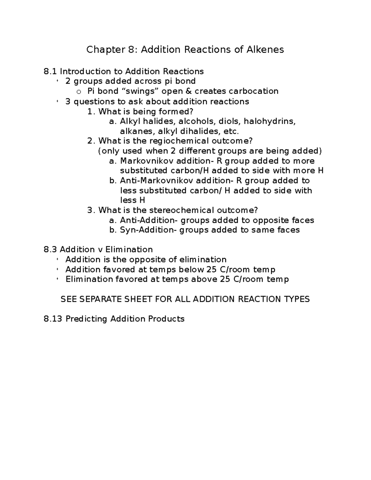Chapter 8 Outline - Summary Organic Chemistry I - Chapter 8: Addition ...