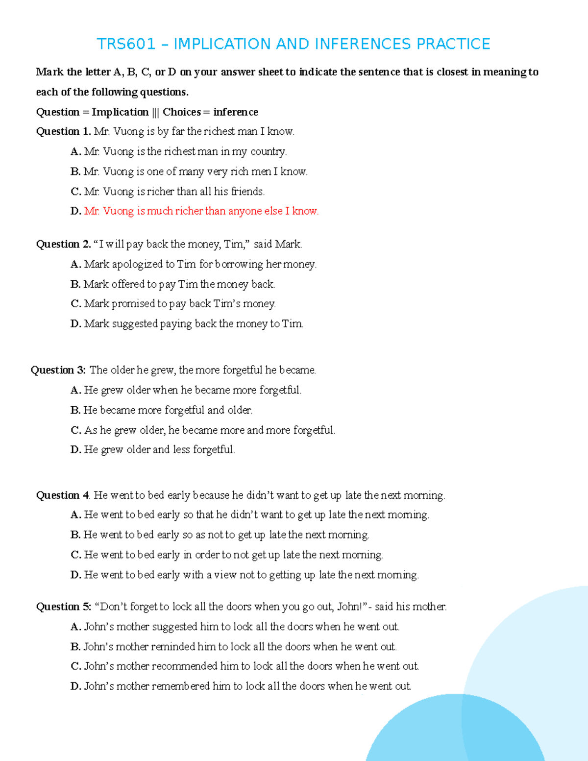 TRS 601 Implication and Inferences exercises - TRS601 – IMPLICATION AND ...