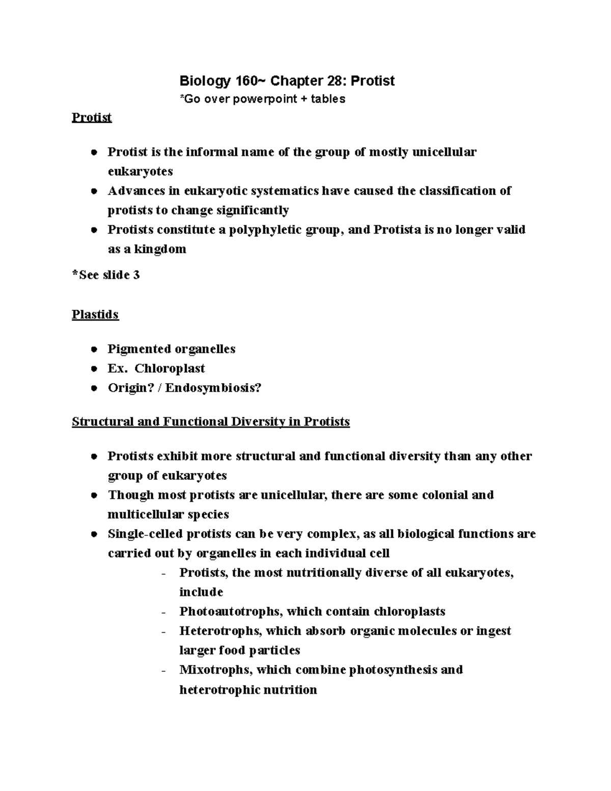 Biology 160 Chapter 28 Protist Notes - *Biology 160~ Chapter 28 ...
