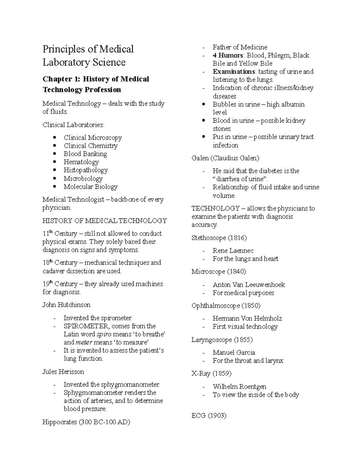 PMLS 1 ( Chapter 1) - Principles of Medical Laboratory Science Chapter 1: History of Medical ...