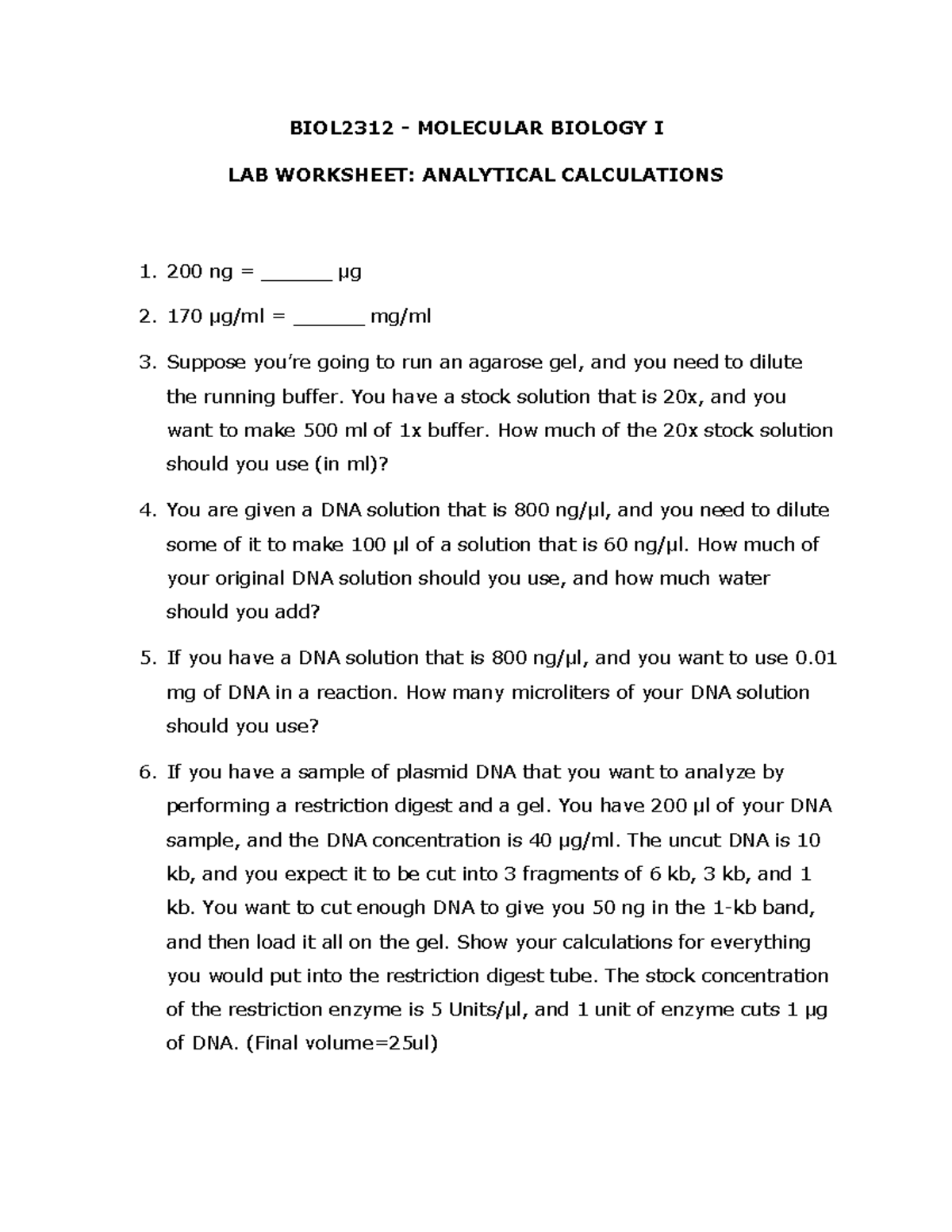 Analytical Calculations worksheet BIOL2312 - BIOL2312 - MOLECULAR ...
