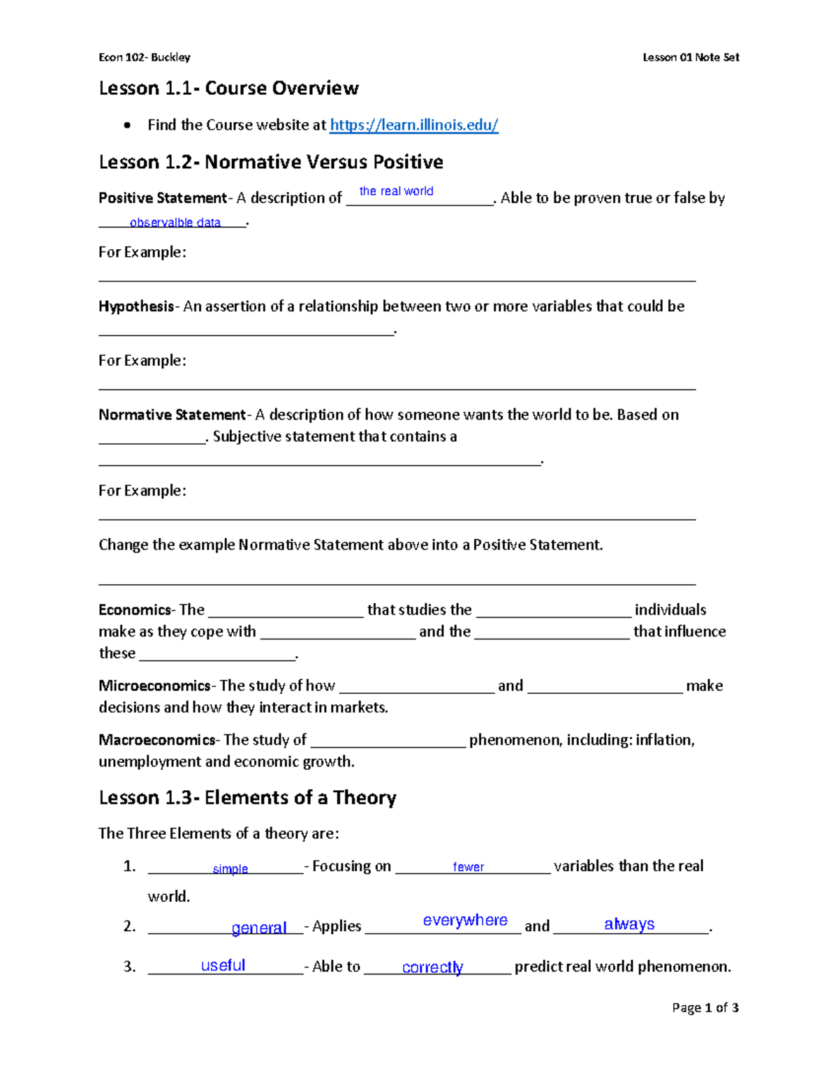 Econ 102 (Intro Micro) Lesson 01 Note Set - Econ 102- Buckley Lesson 01 Note Set Page 1 of 3 ...