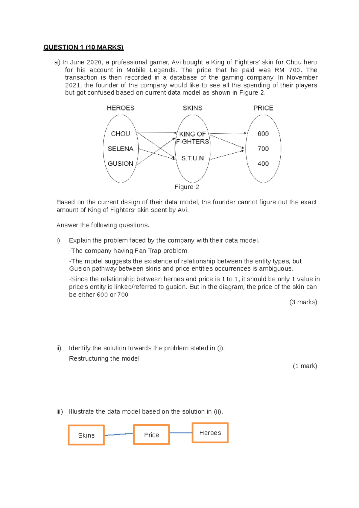 Data Model Exercise coming from test 1 - QUESTION 1 (10 MARKS) a) In ...