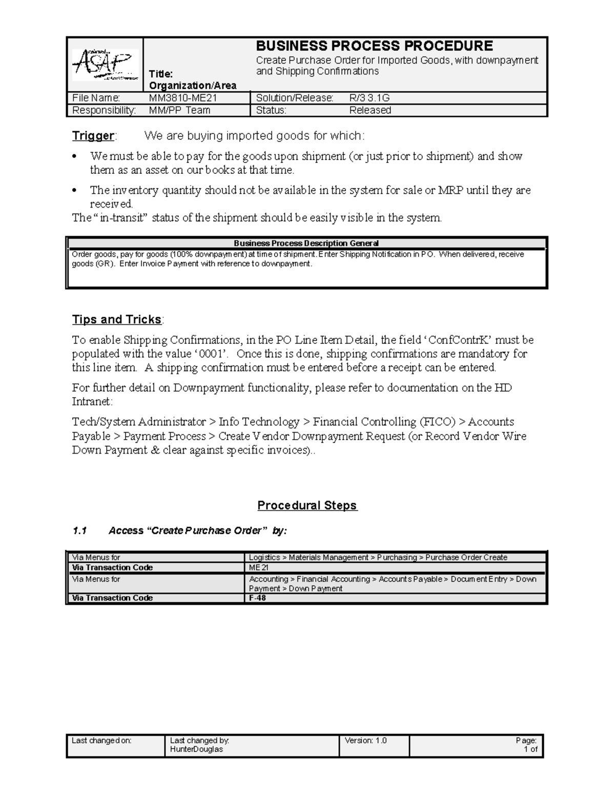 Create PO for Imports - Title: Organization/Area Create Purchase Order ...