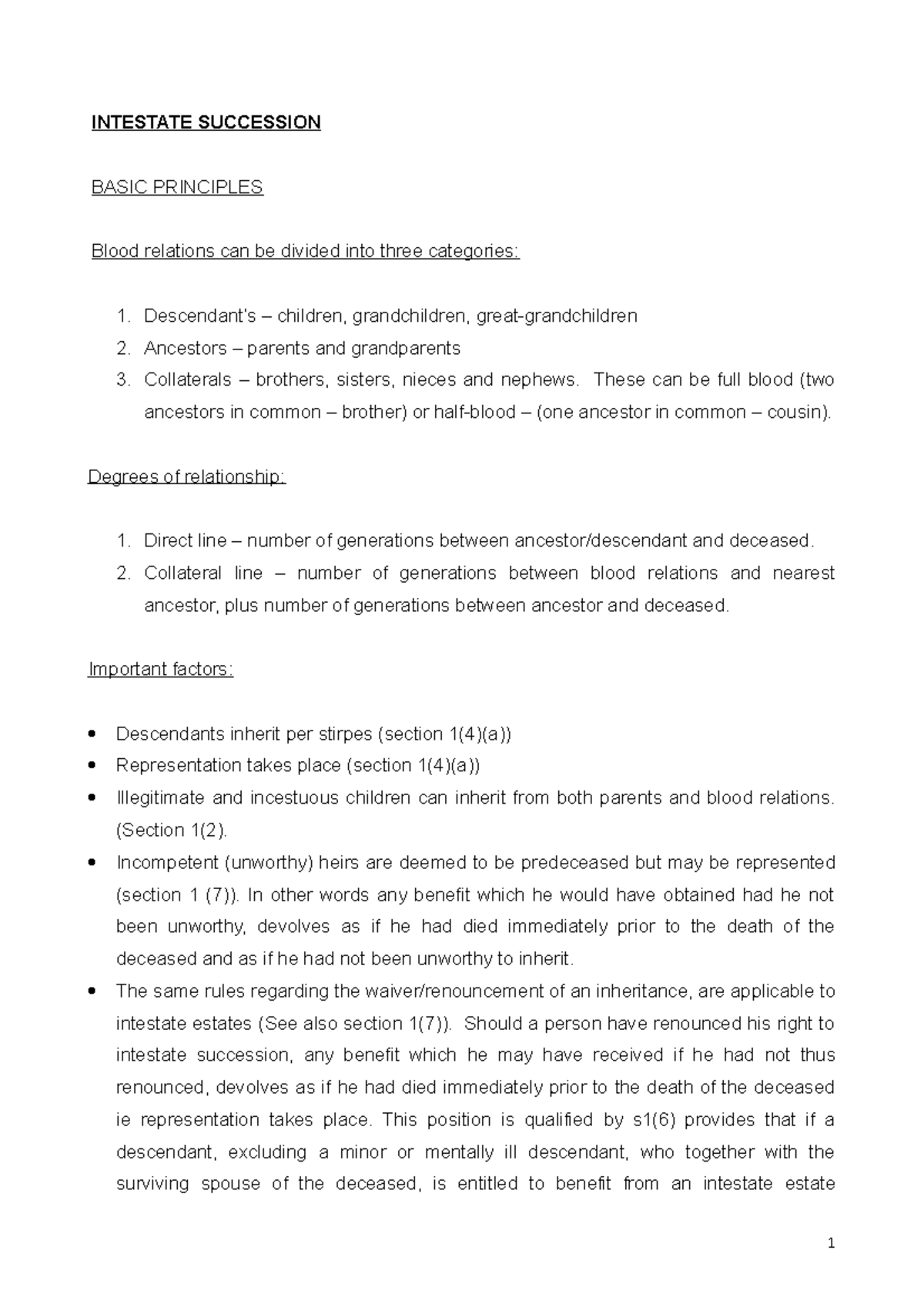 Intestate Succession - INTESTATE SUCCESSION BASIC PRINCIPLES Blood ...