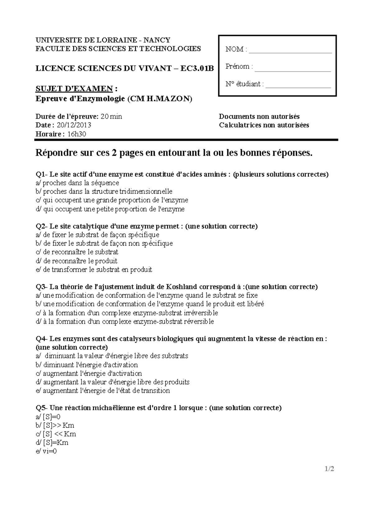 QCM Exam EC3.01B 2012 13 HM - UNIVERSITE DE LORRAINE - NANCY FACULTE ...
