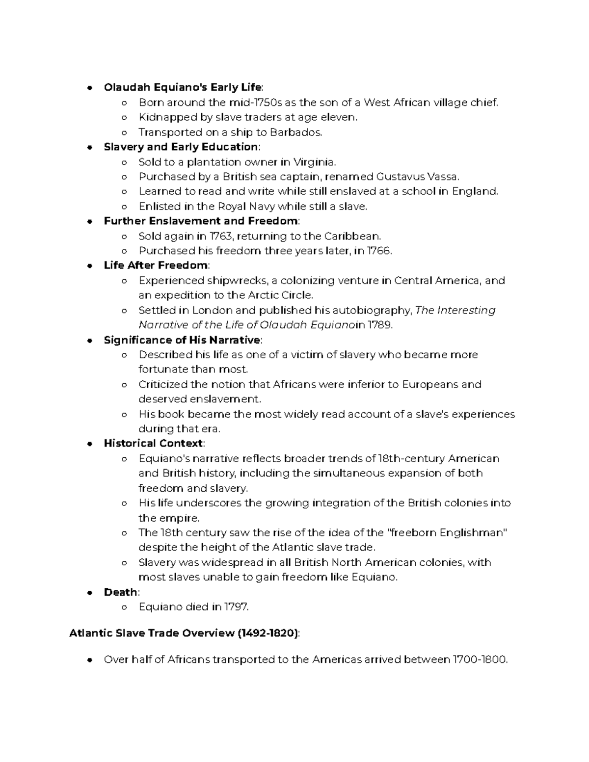 Ch4apush - Notes - Olaudah Equiano's Early Life: Born around the mid ...