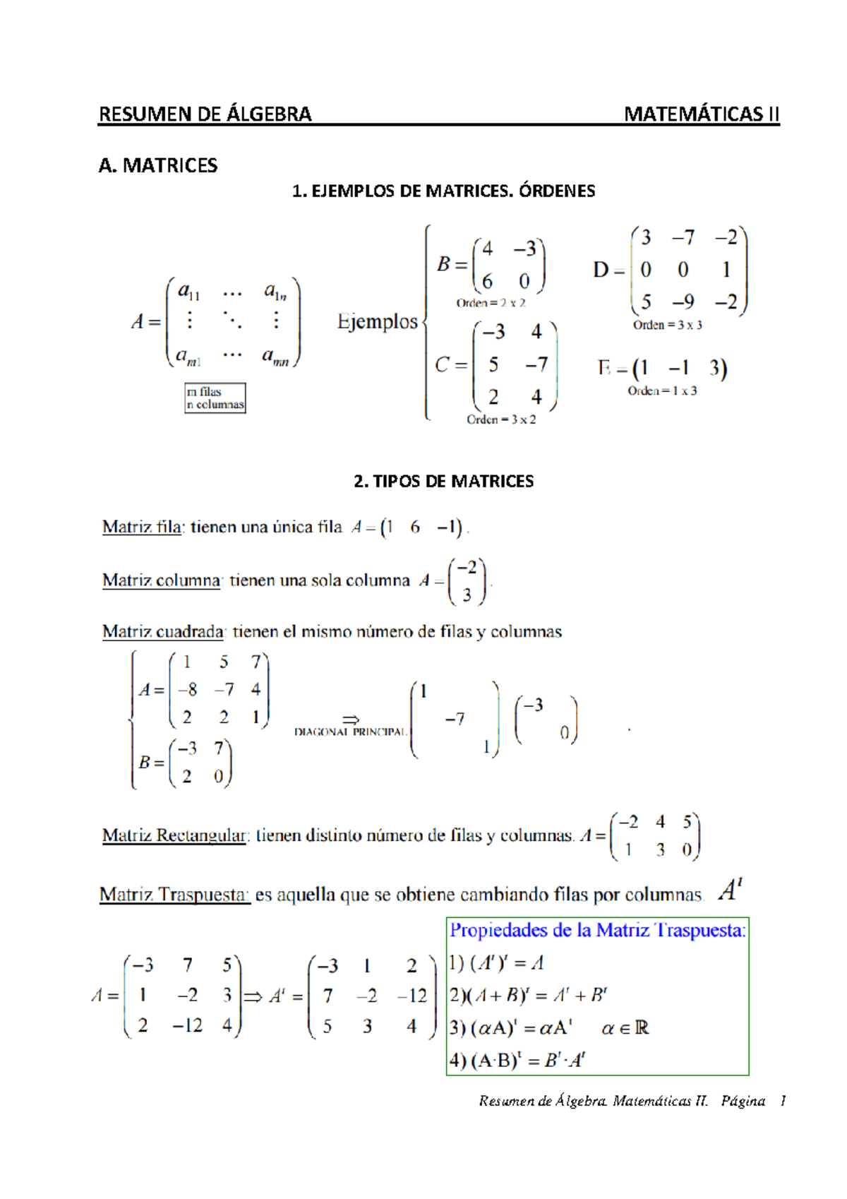 Matrices Y Sistemas - RESUMEN DE ÁLGEBRA MATEMÁTICAS II A. MATRICES 1 ...