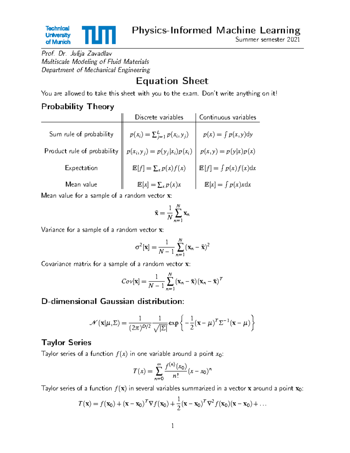 Equation Sheet - Physics-Informed MachineSummerLearningsemester 2020 ...