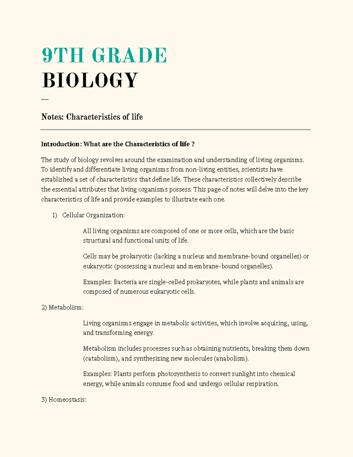 Characteristics of living things. - 9TH GRADE BIOLOGY ___ Notes ...